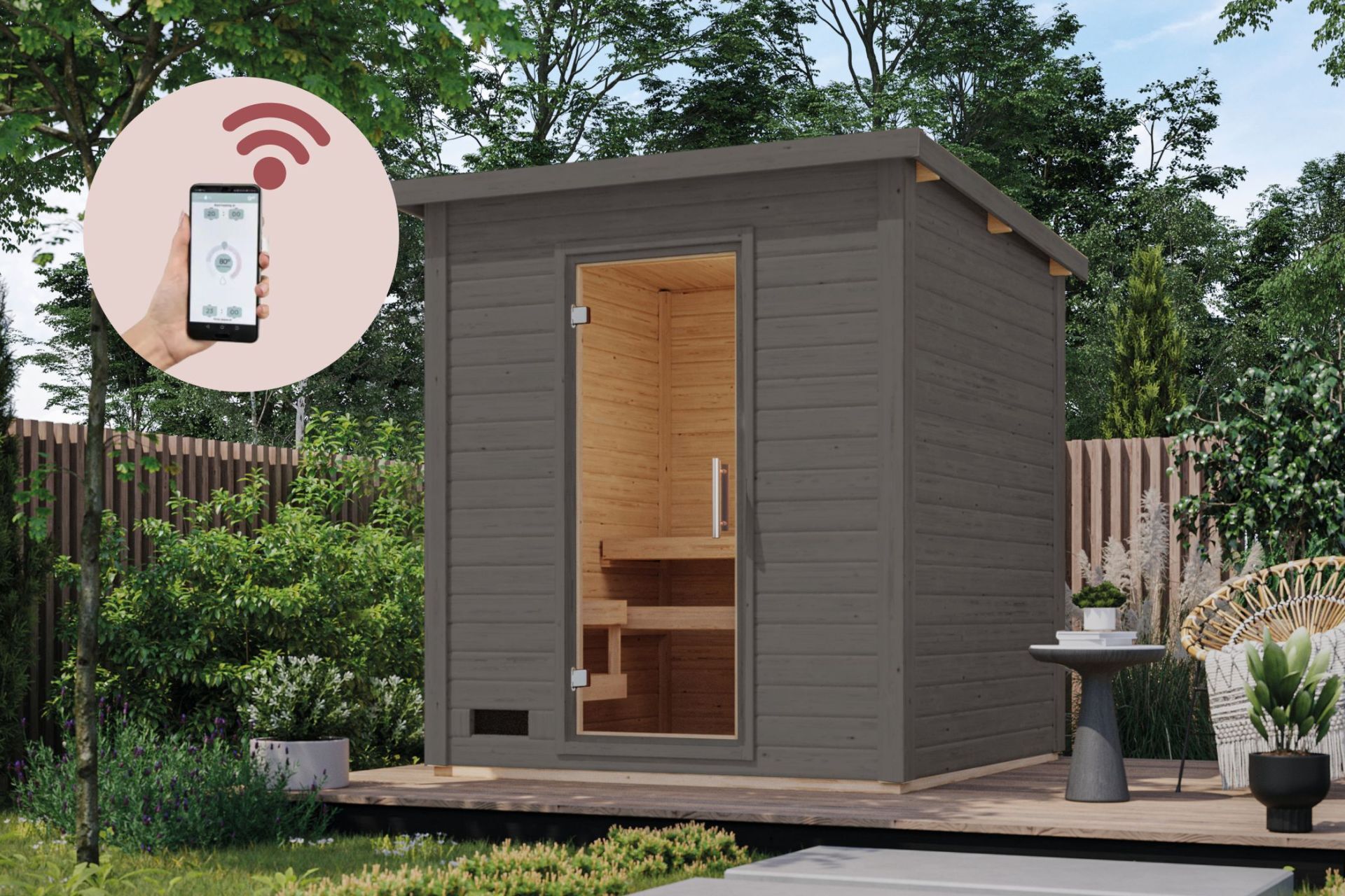 Karibu Mini Gartensauna "Saunahaus Hytti 2 Exclusive terragrau / + Ofen ...