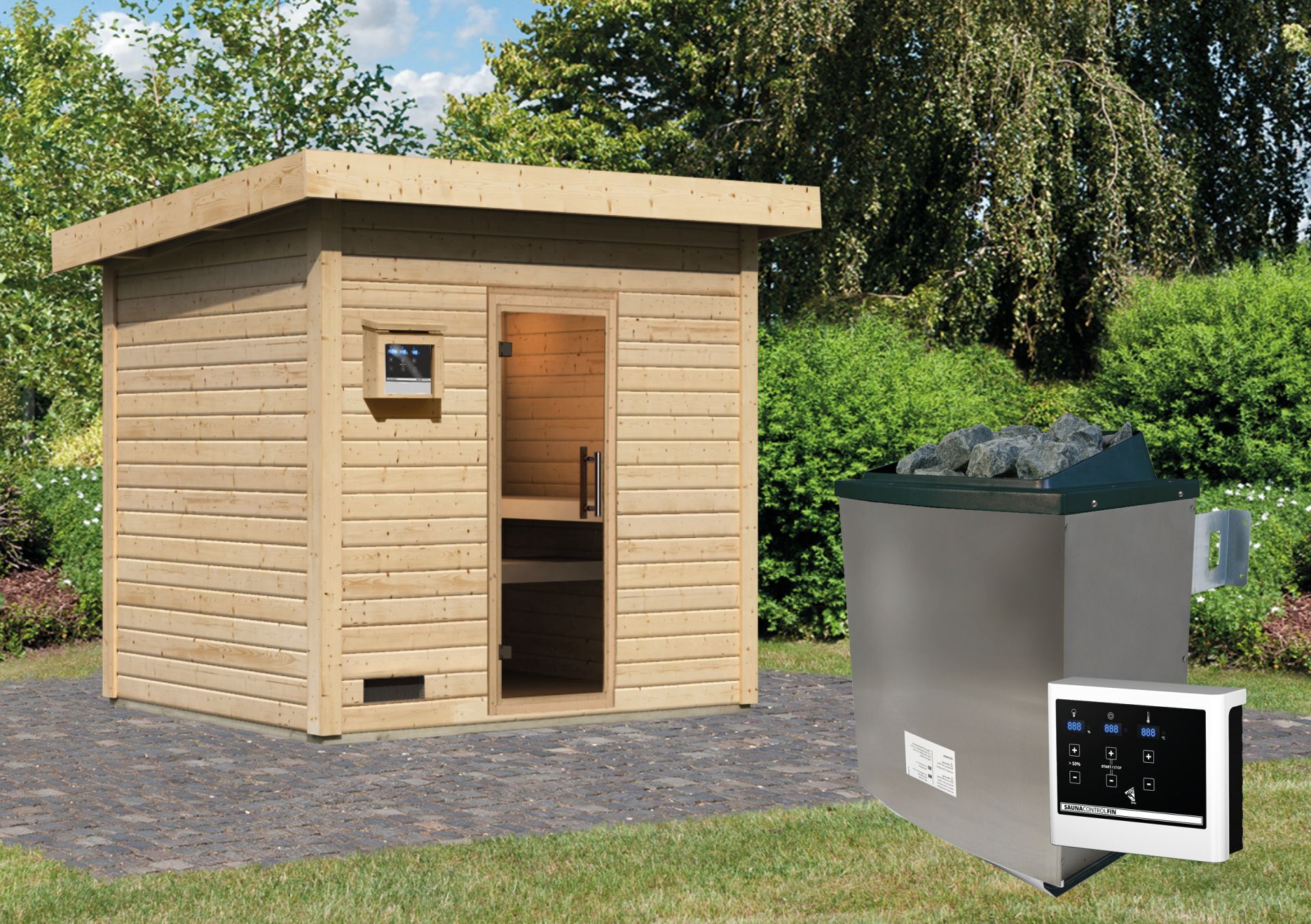 Karibu Mini Gartensauna "Saunahaus Hytti 3 Exclusive" 5 Personen Natur ...